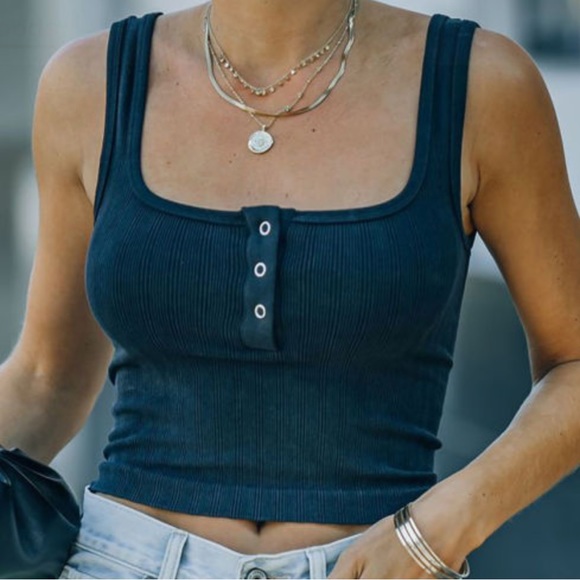 Tops | Ribbed Henley Cropped Tank Top Navy Blue | Poshmark
